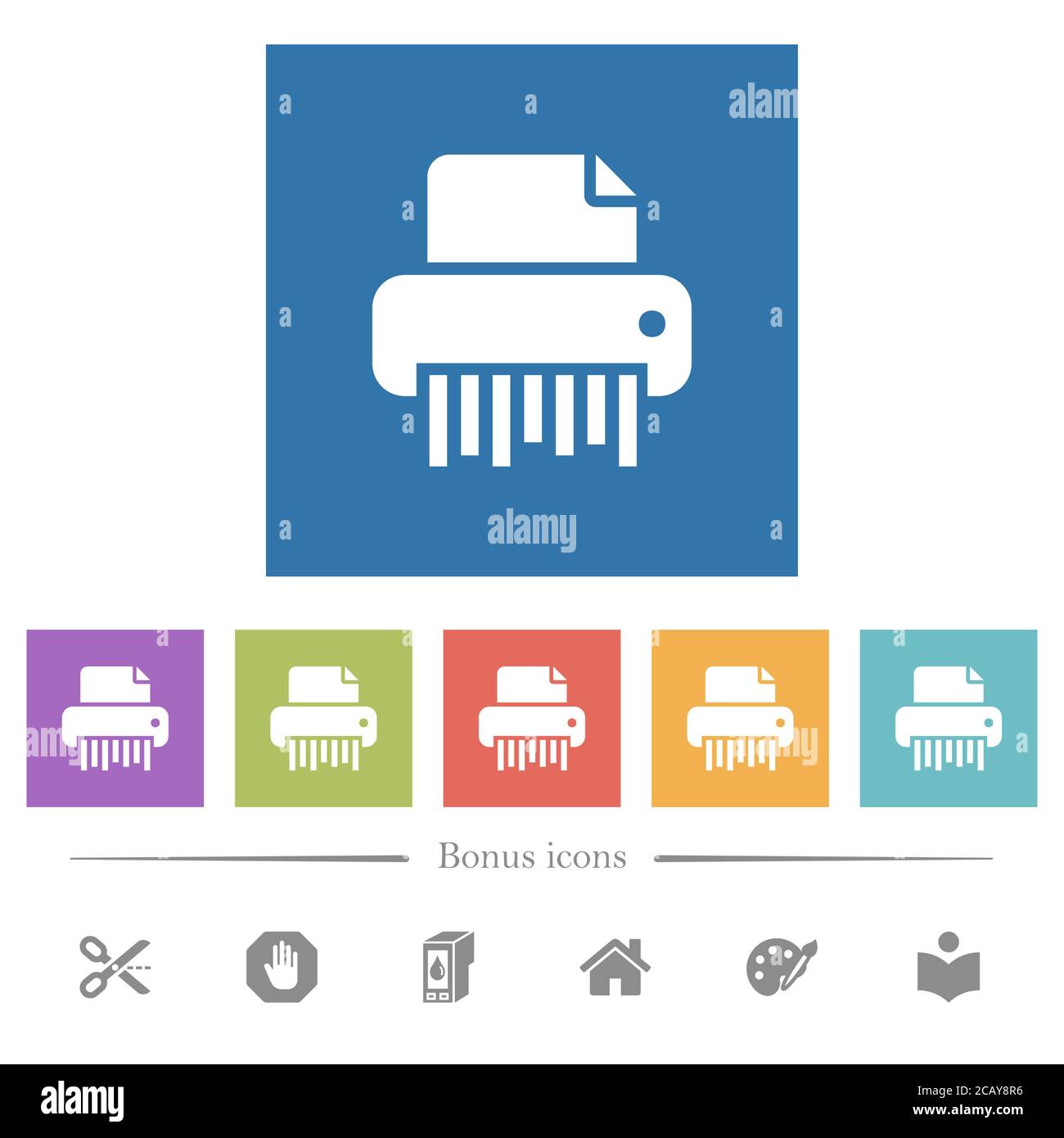 Office shredder flat white icons in square backgrounds. 6 bonus icons ...