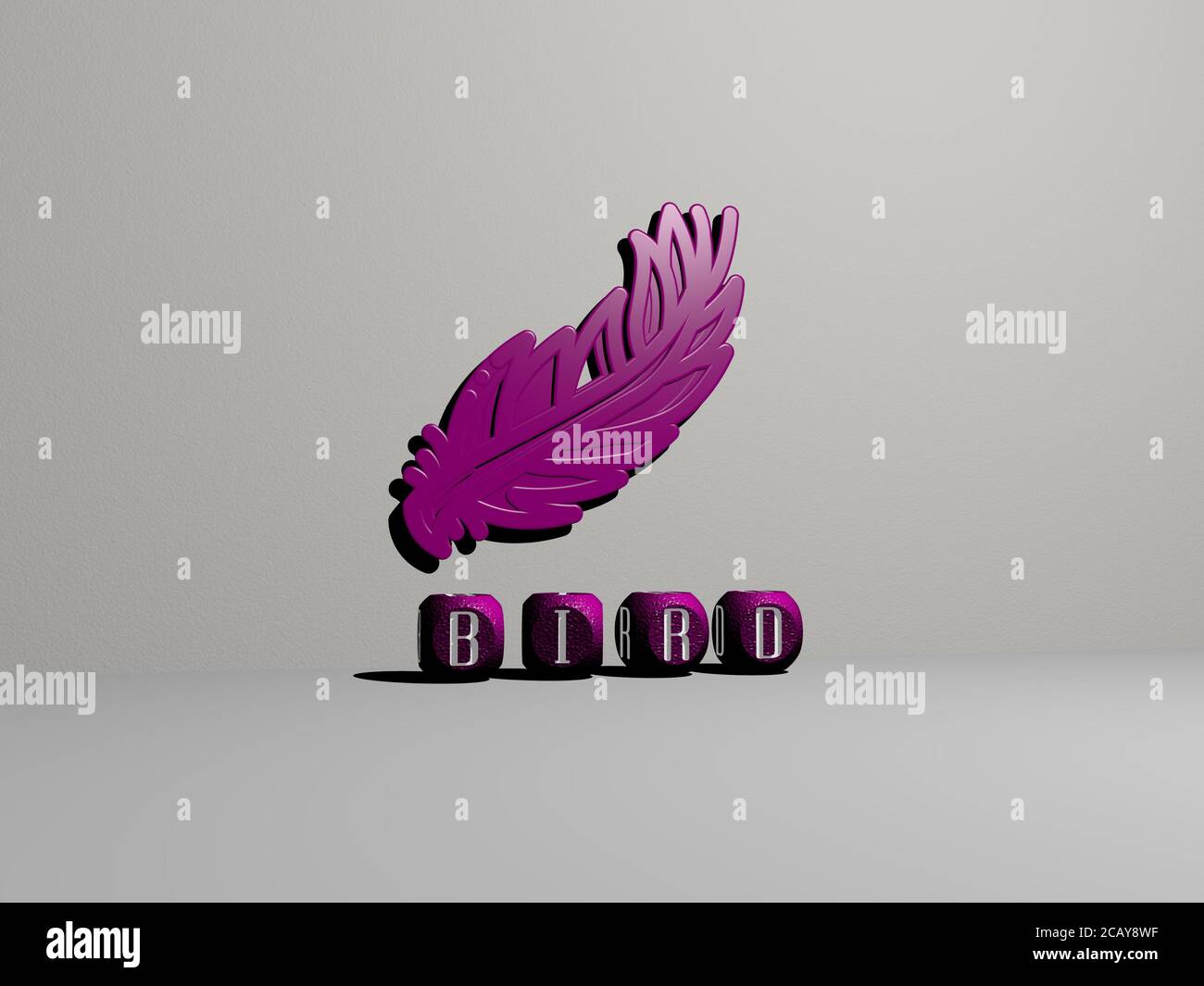 BIRD 3D icon on the wall and text of cubic alphabets on the floor. 3D ...