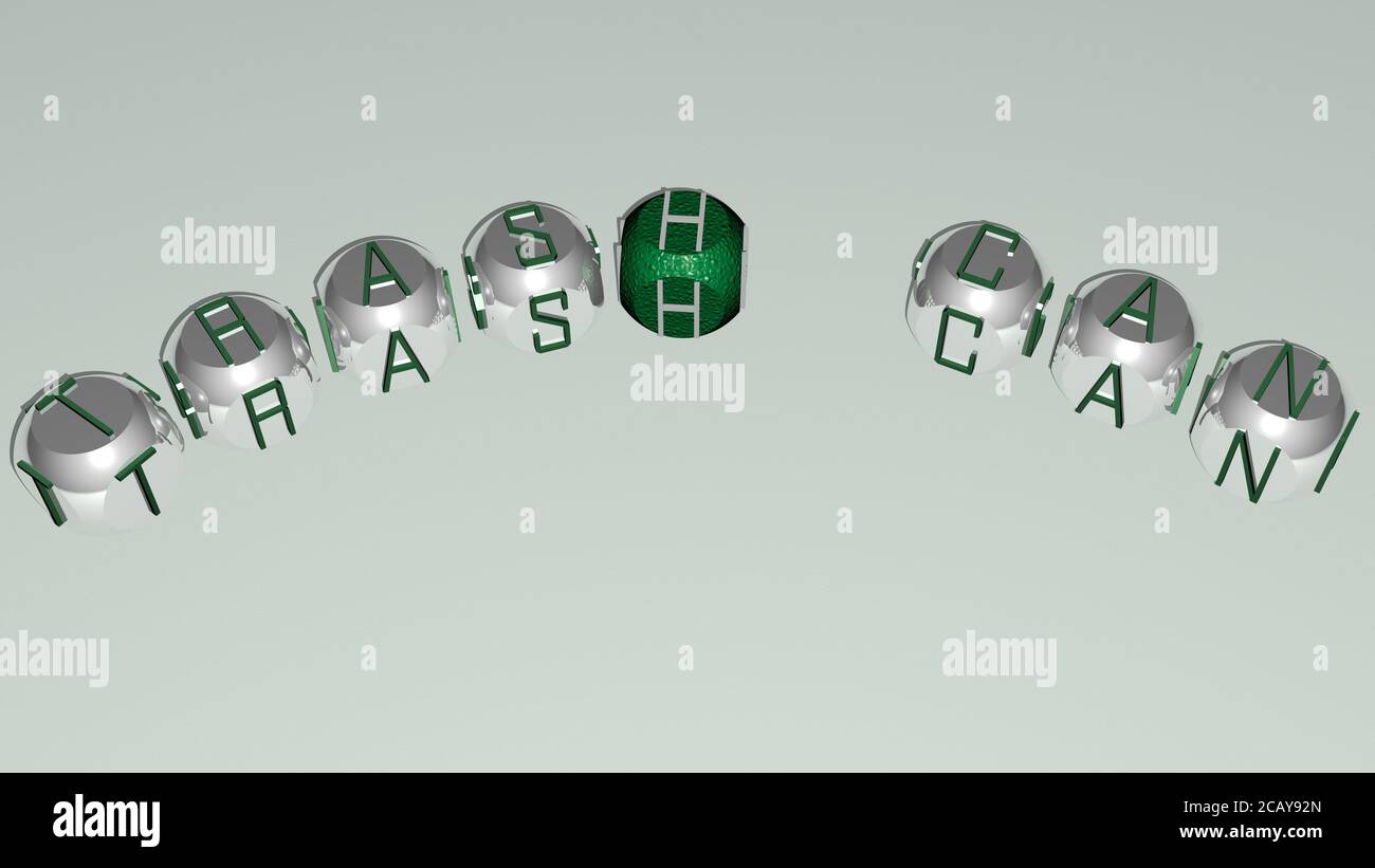 TRASH CAN text of dice letters with curvature. 3D illustration. garbage ...