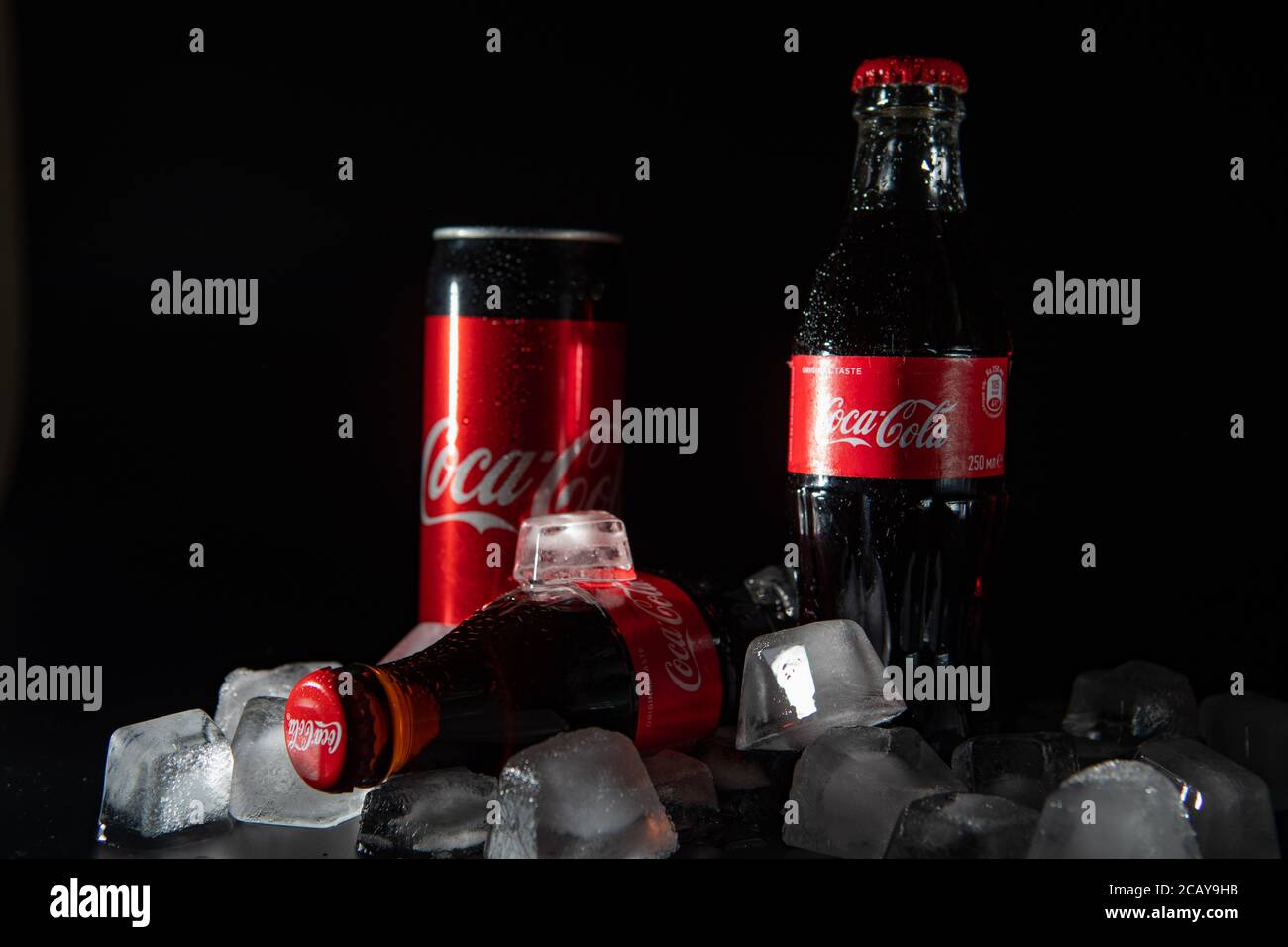 Lviv, Ukraine - May 21, 2020: two glass bottle one metal and of coca ...