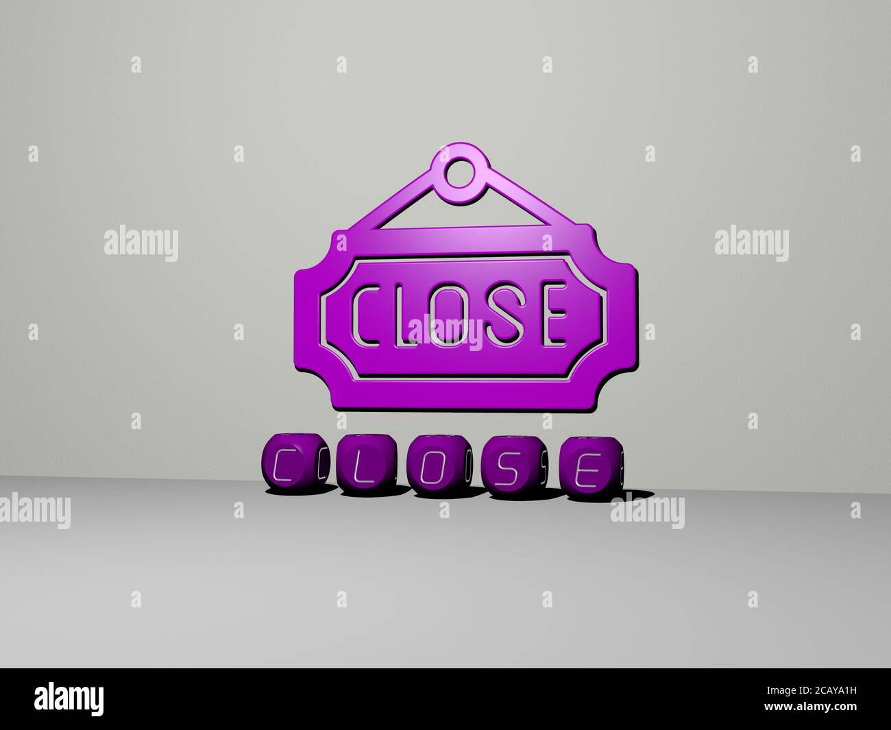 CLOSE 3D icon on the wall and text of cubic alphabets on the floor. 3D ...