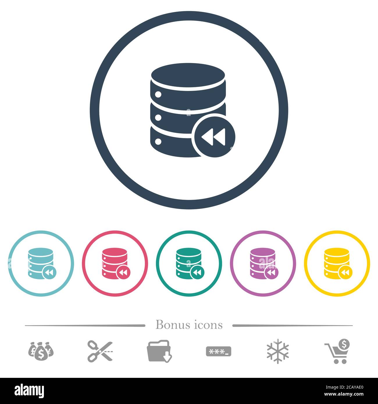 Database macro fast backward flat color icons in round outlines. 6 ...