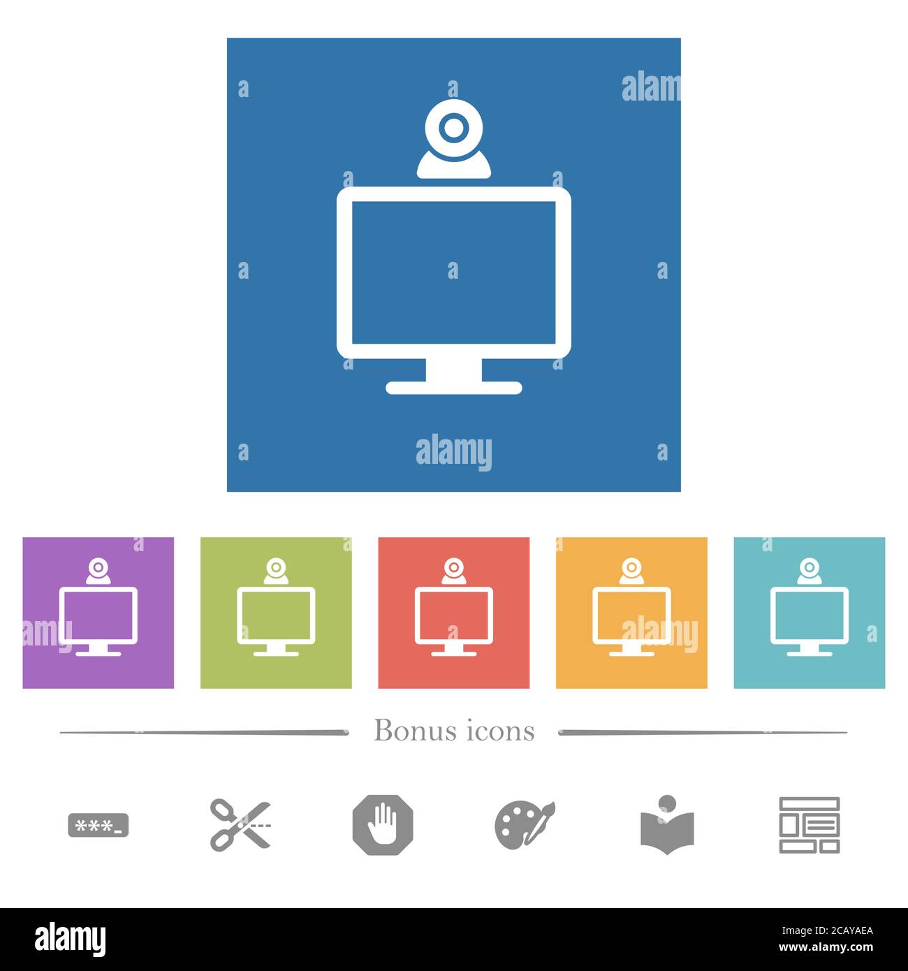 Monitor with webcam flat white icons in square backgrounds. 6 bonus ...