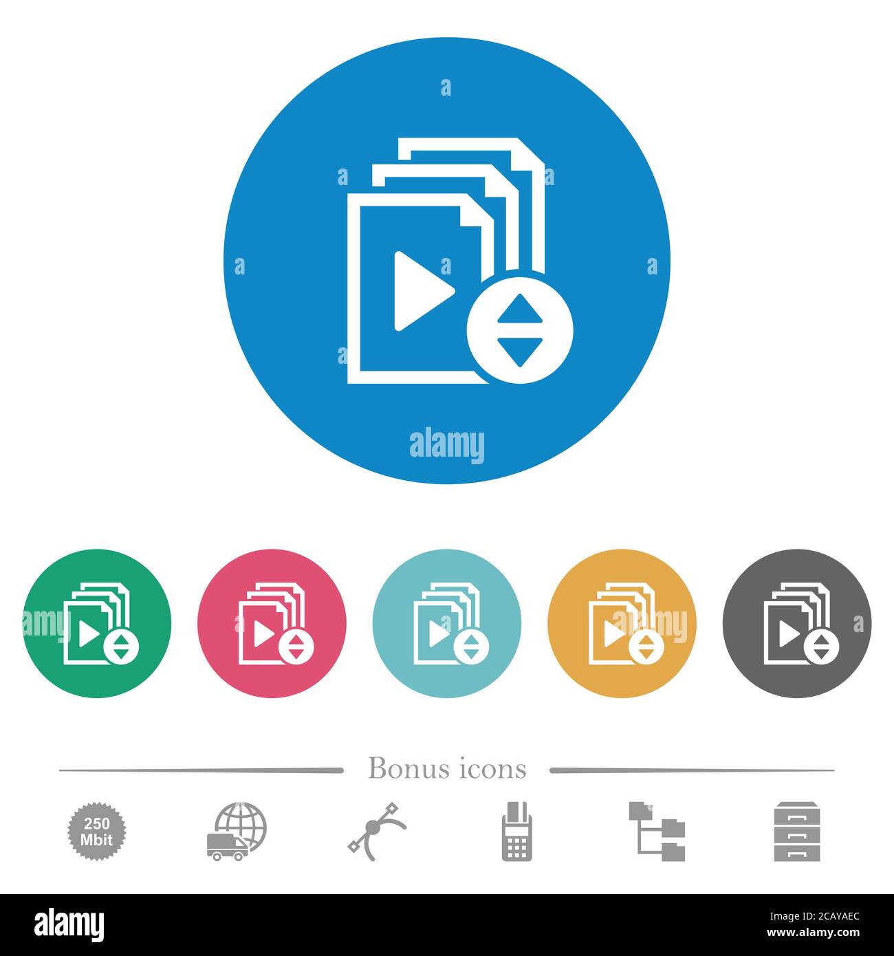 Select playlist item flat white icons on round color backgrounds. 6 ...