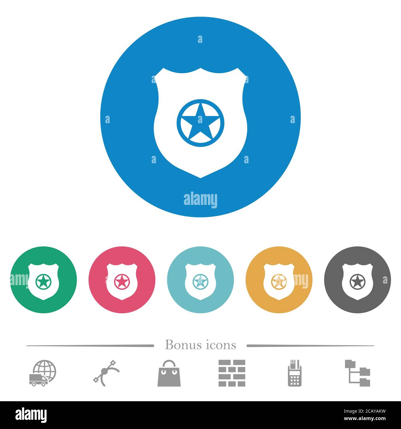 Police badge flat white icons on round color backgrounds. 6 bonus icons ...