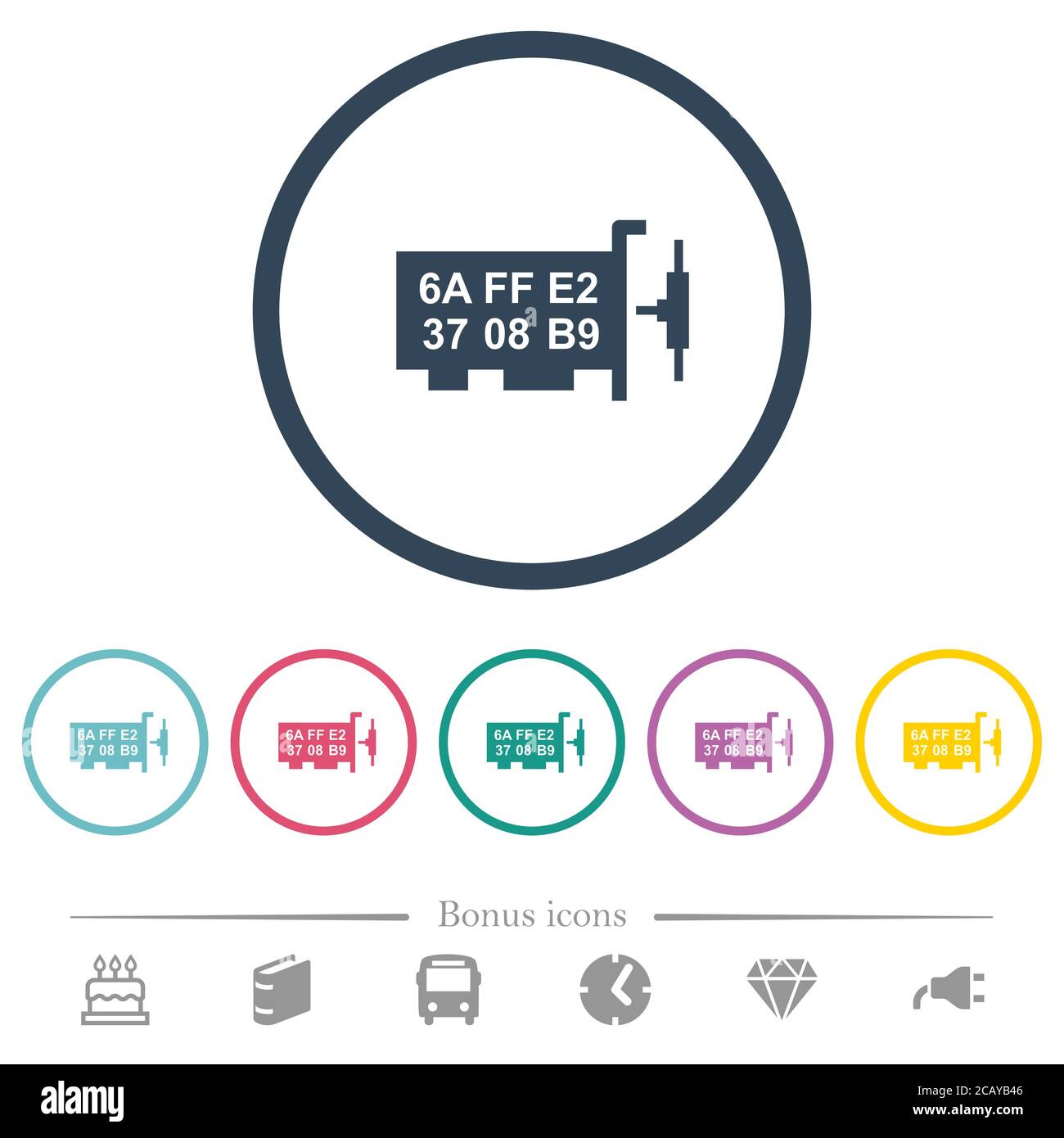 Network mac address flat color icons in round outlines. 6 bonus icons ...