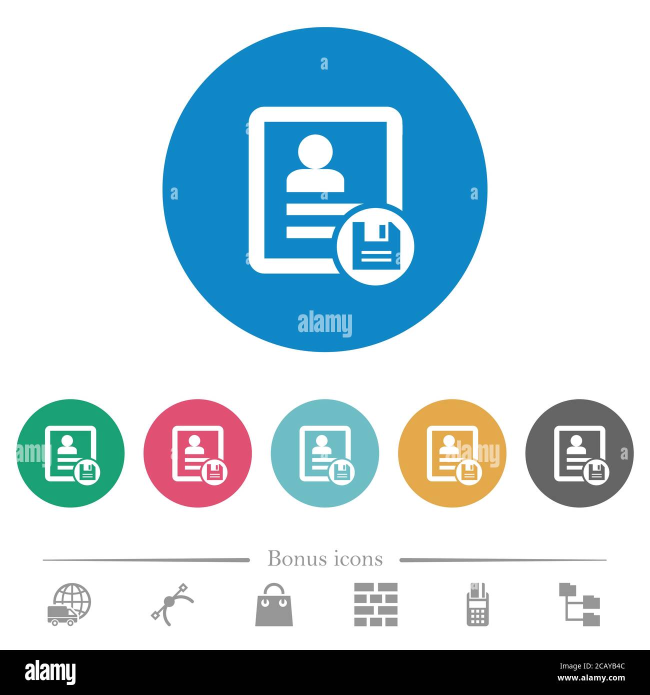 Save contact changes flat white icons on round color backgrounds. 6 ...