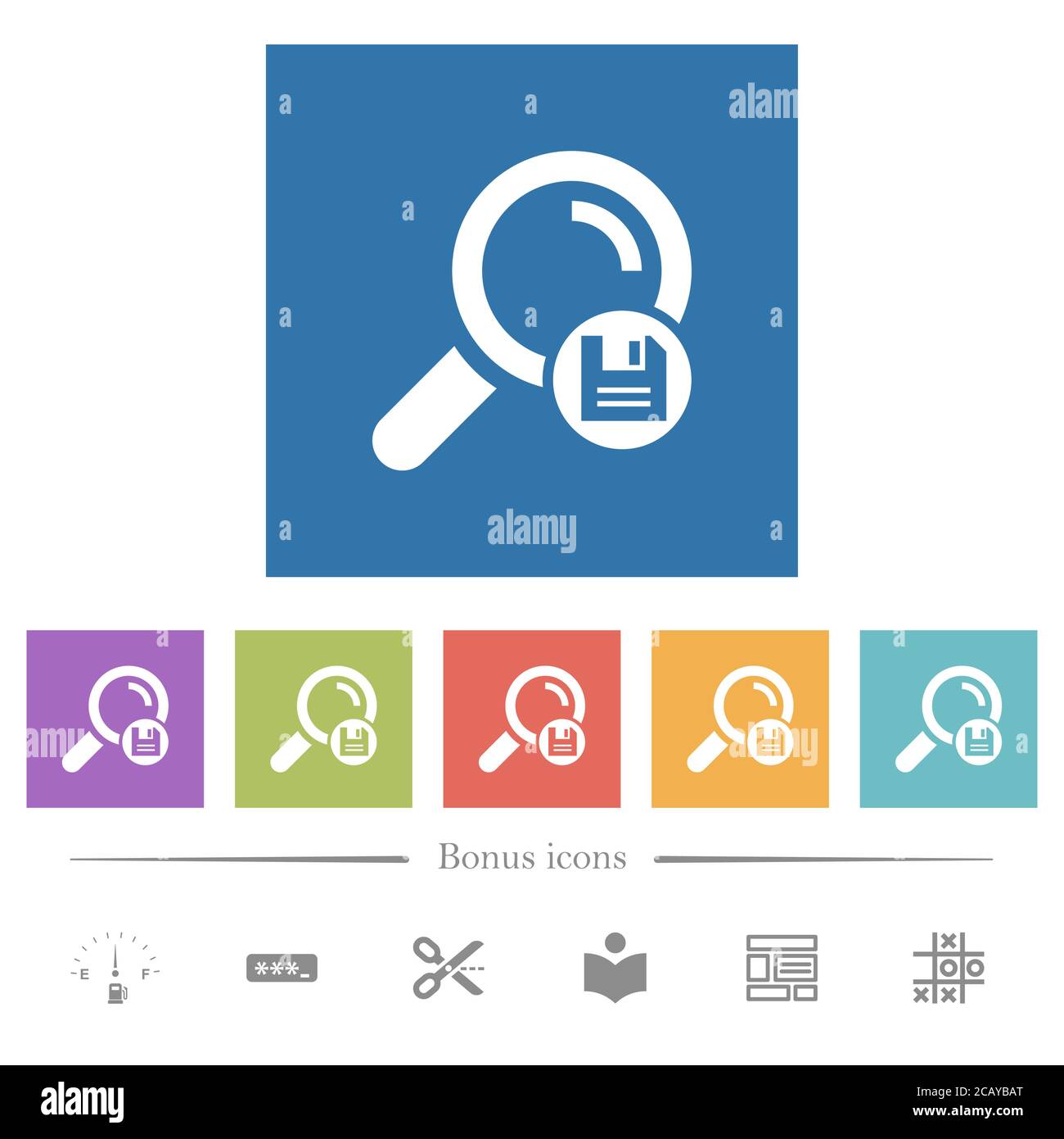 Save search results flat white icons in square backgrounds. 6 bonus ...