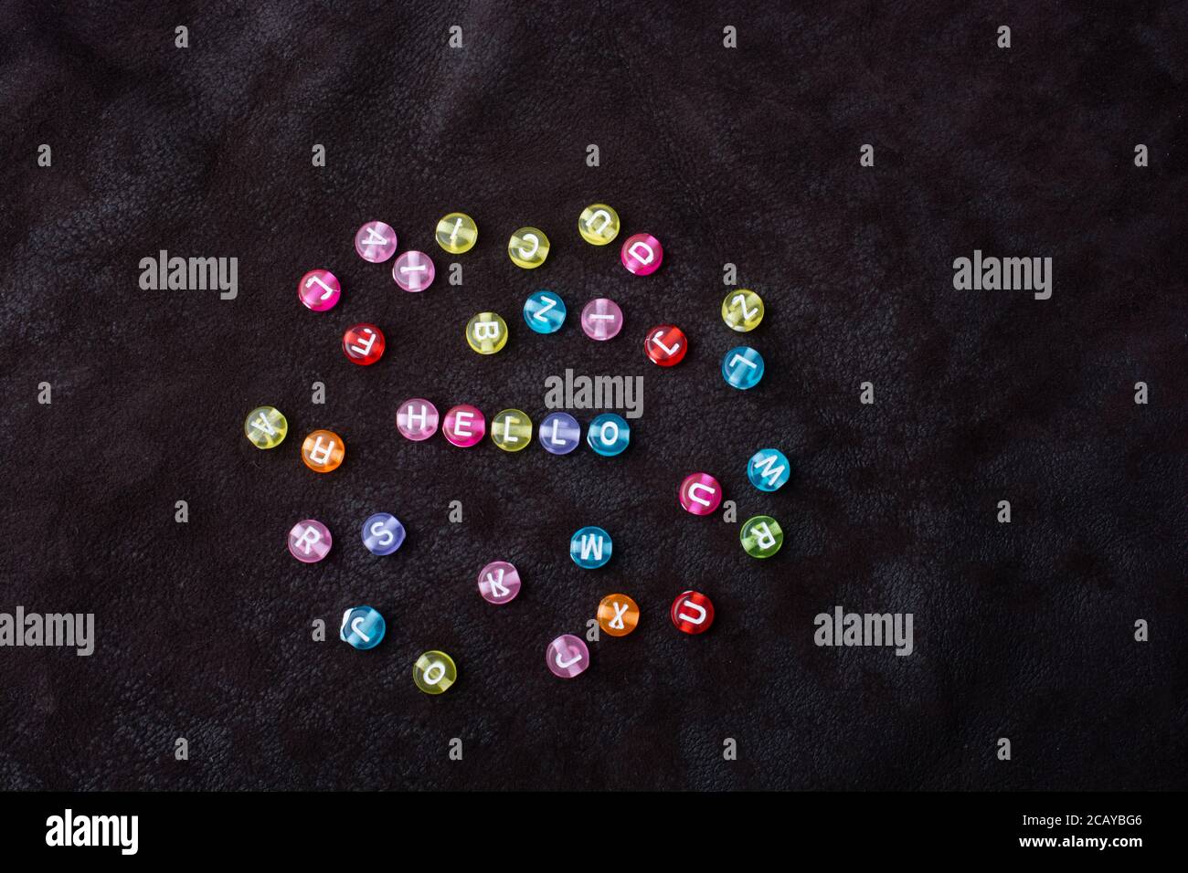 Hello wording formed with Multi color alphabet letter beads Stock Photo ...