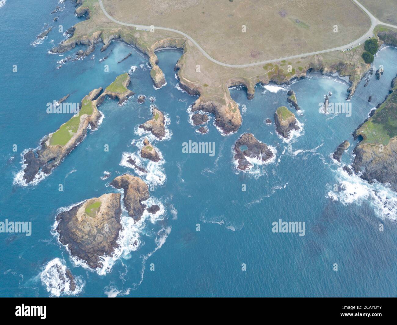 The cold water of the Pacific Ocean washes onto the coast of Mendocino ...