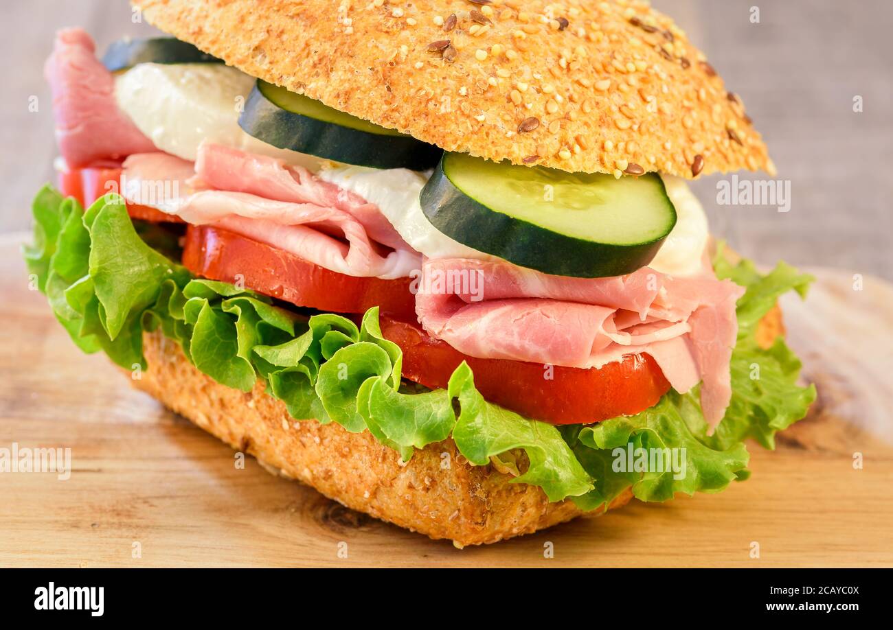 Rustic sandwich with ham, tomato, cucumber, mozzarella and green salad ...