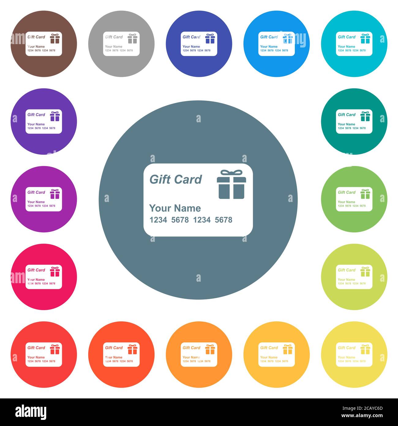 Gift card with name and numbers flat white icons on round color ...