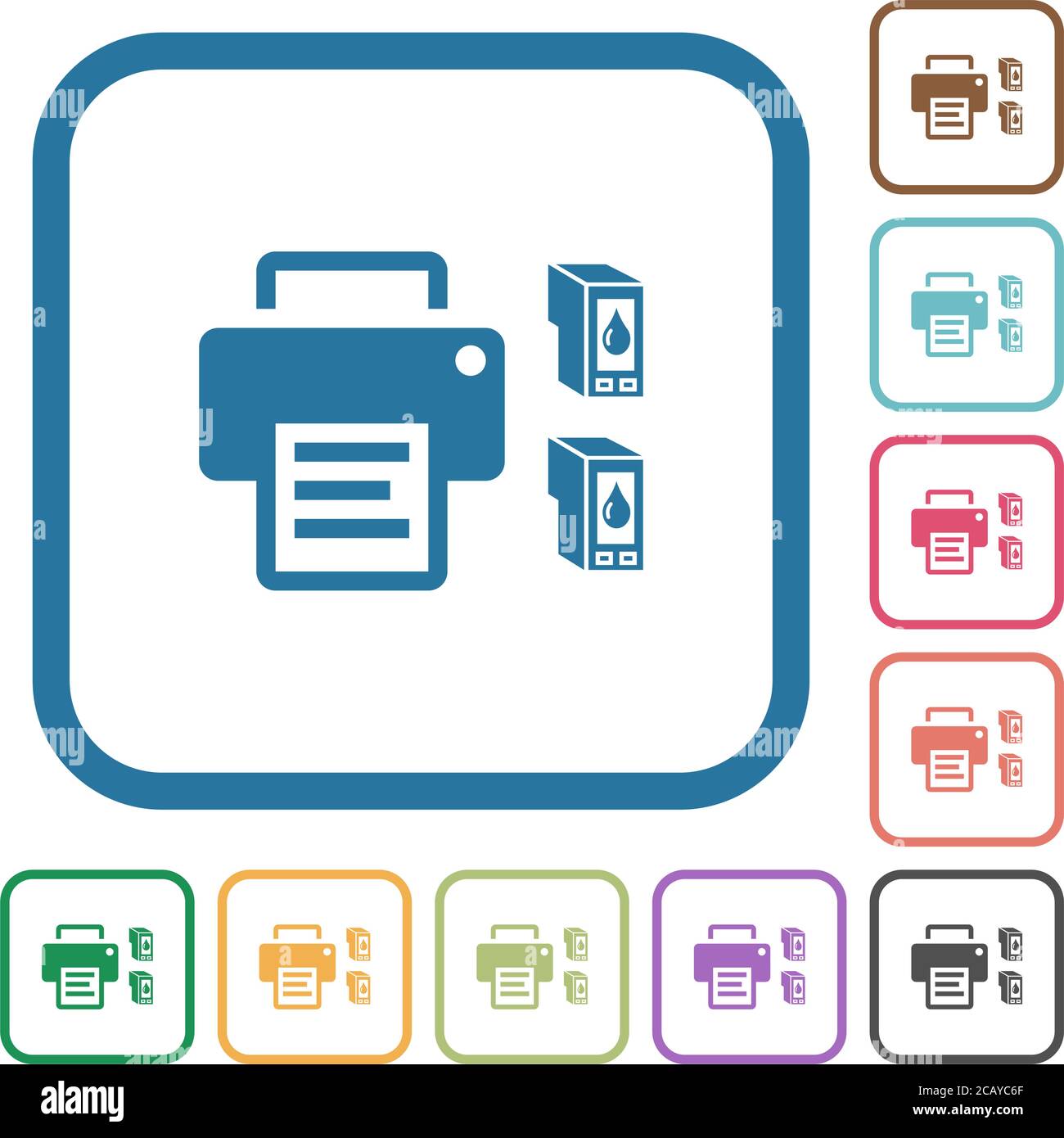 Printer and ink cartridges simple icons in color rounded square frames on white background Stock ...