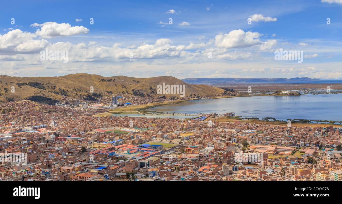 Panorama of peruvian city Puno and lake Titicaca, Peru Stock Photo - Alamy