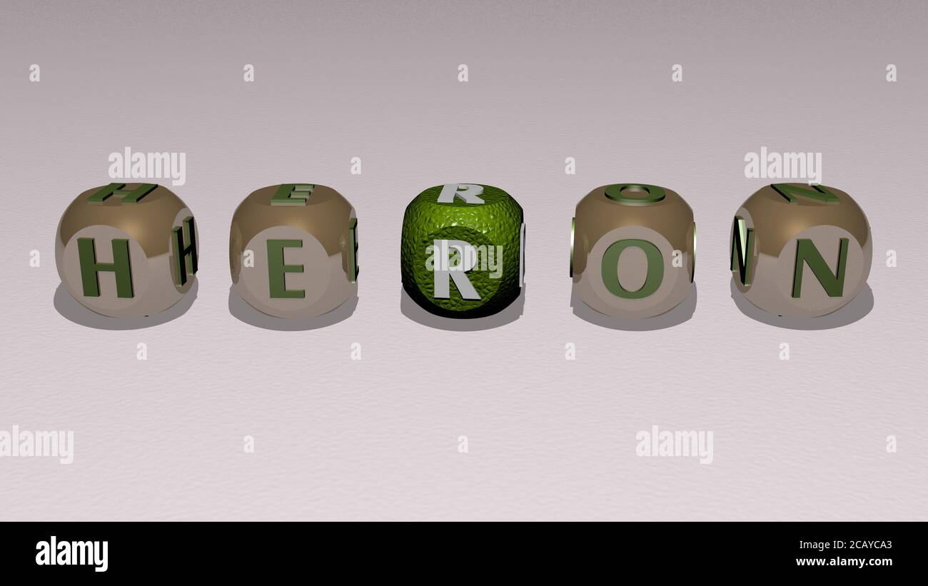 HERON text of cubic individual letters. 3D illustration. bird and blue ...