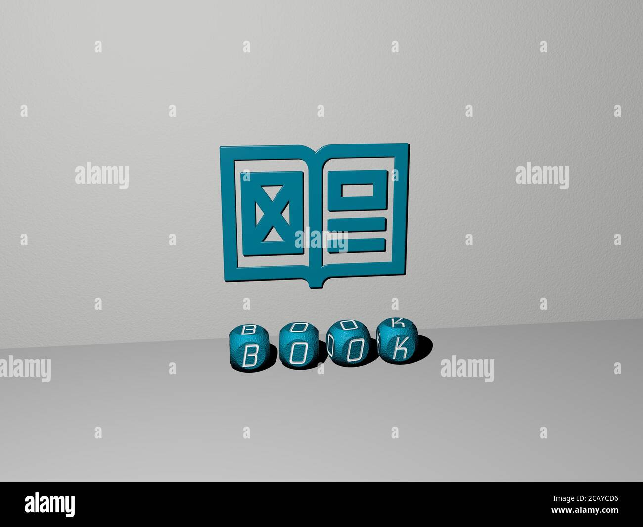 BOOK 3D icon on the wall and text of cubic alphabets on the floor. 3D ...