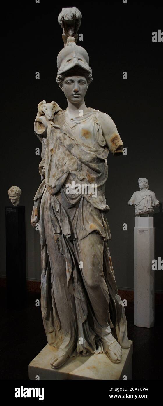 Statue of Goddess Athena with Corinthian helmet, aegis and Gorgoneion ...