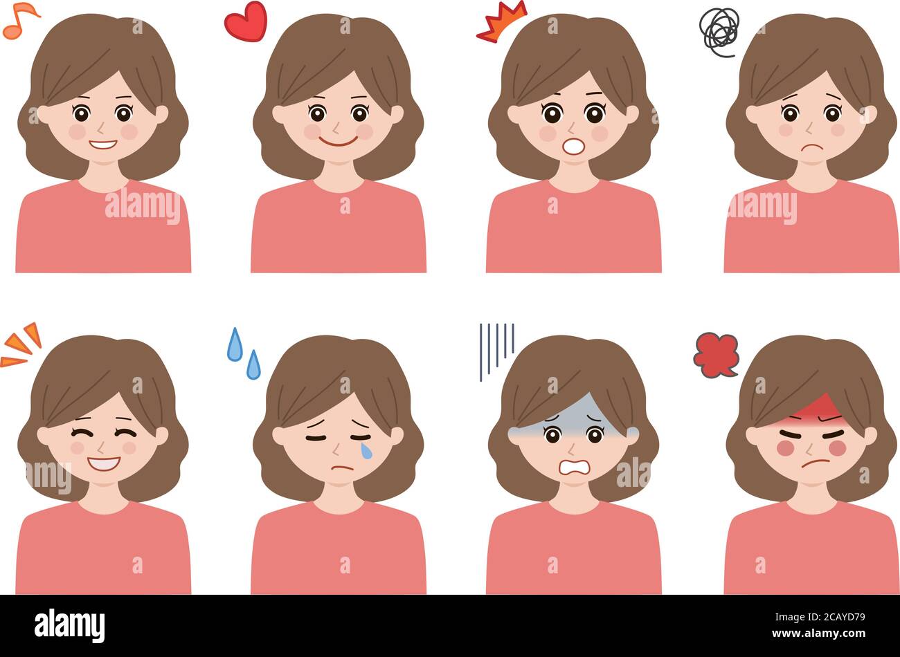 Set of facial expression. Woman's emotions with long hair. Isolated on ...