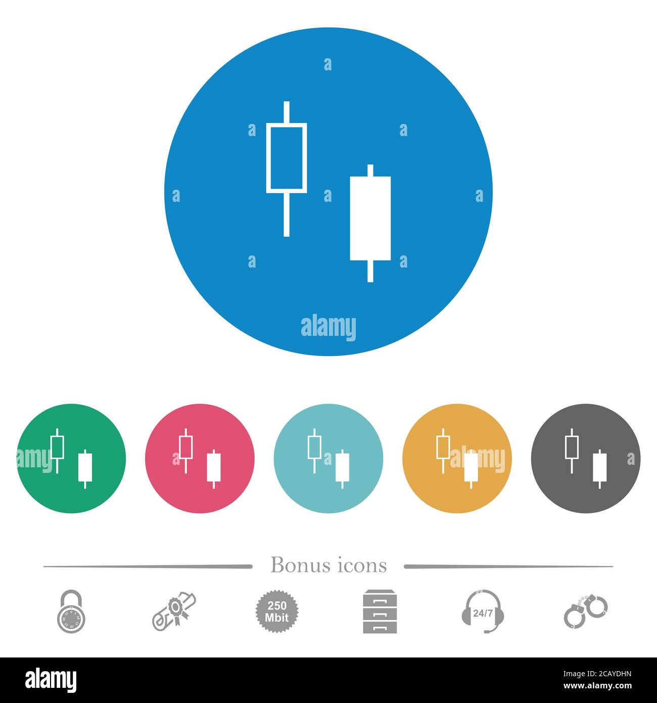 Two candlesticks flat white icons on round color backgrounds. 6 bonus ...