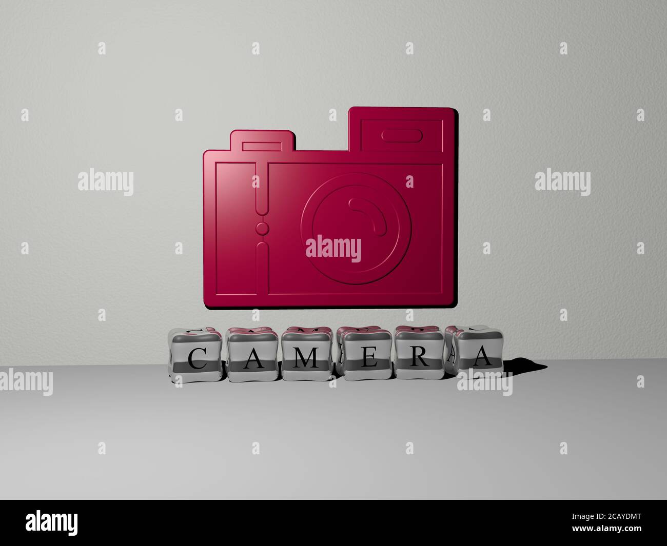 camera 3D icon on the wall and cubic letters on the floor. 3D ...