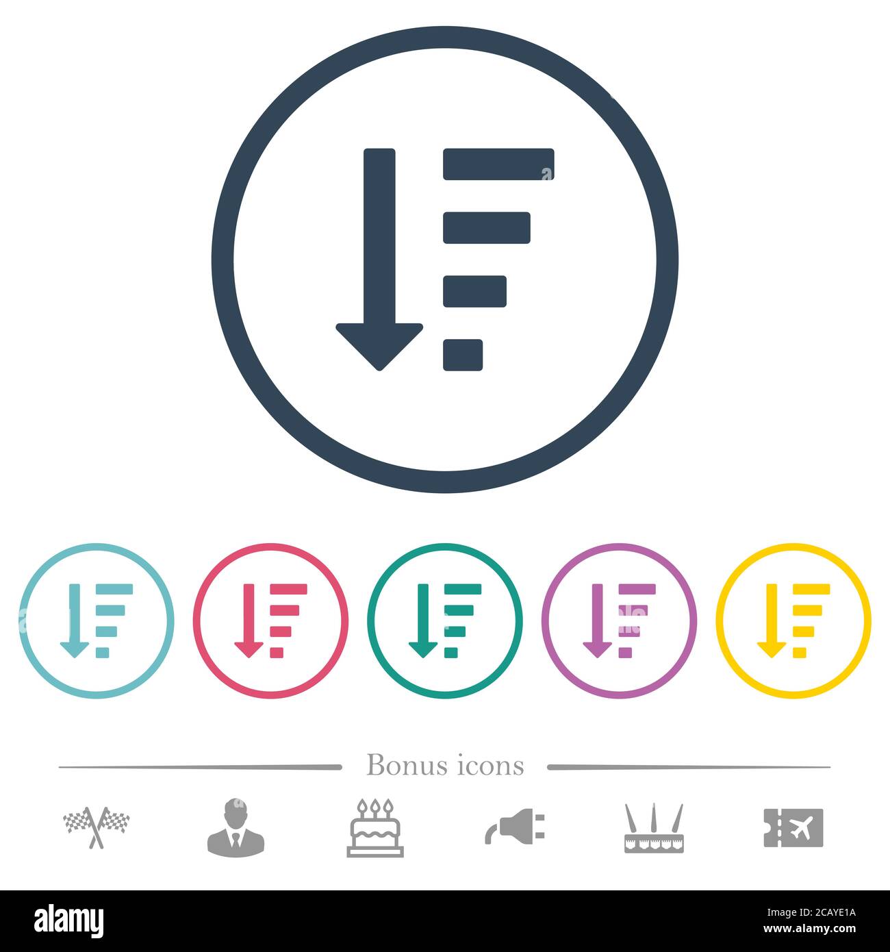 Descending ordered list mode flat color icons in round outlines. 6 bonus icons included Stock ...
