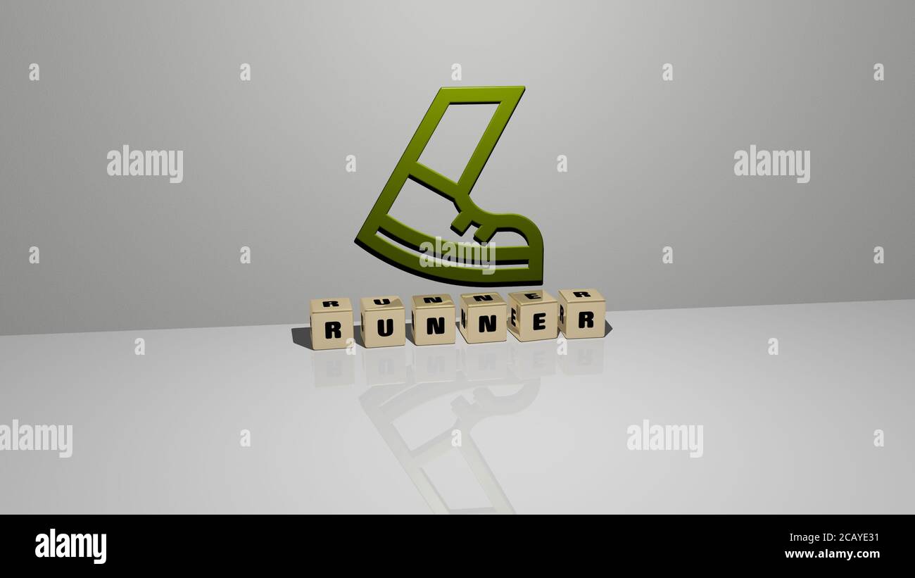 RUNNER text of cubic dice letters on the floor and 3D icon on the wall ...