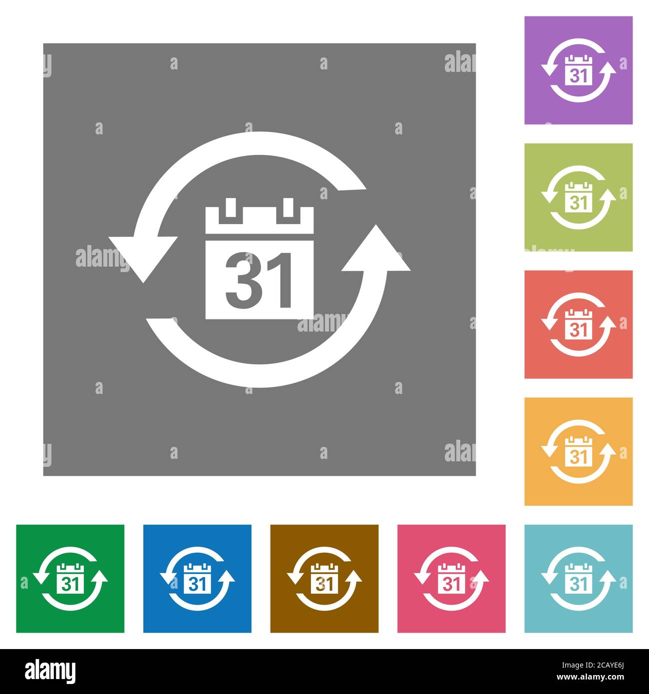 Monthly subscription flat icons on simple color square backgrounds ...