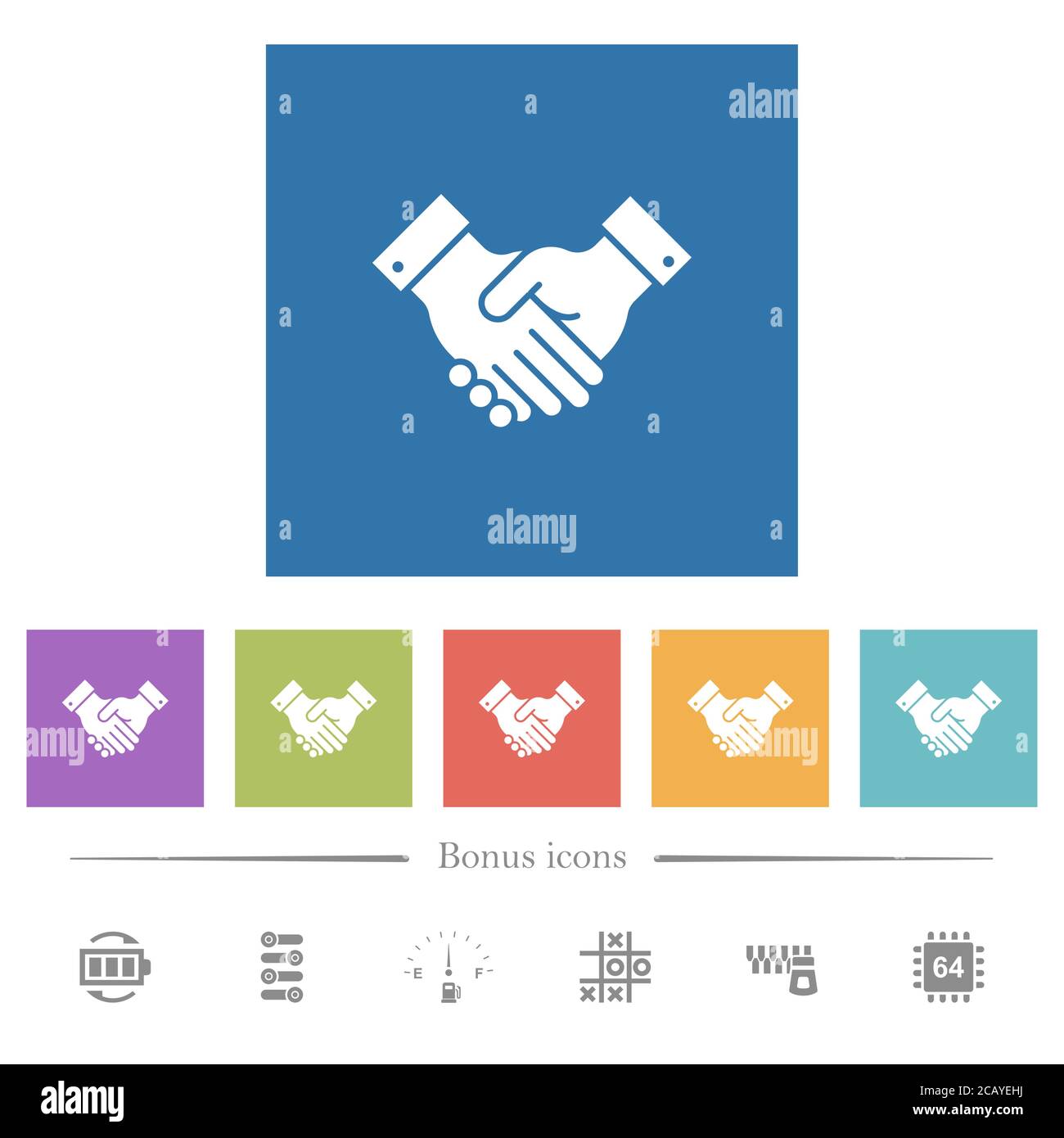 Partnership flat white icons in square backgrounds. 6 bonus icons ...