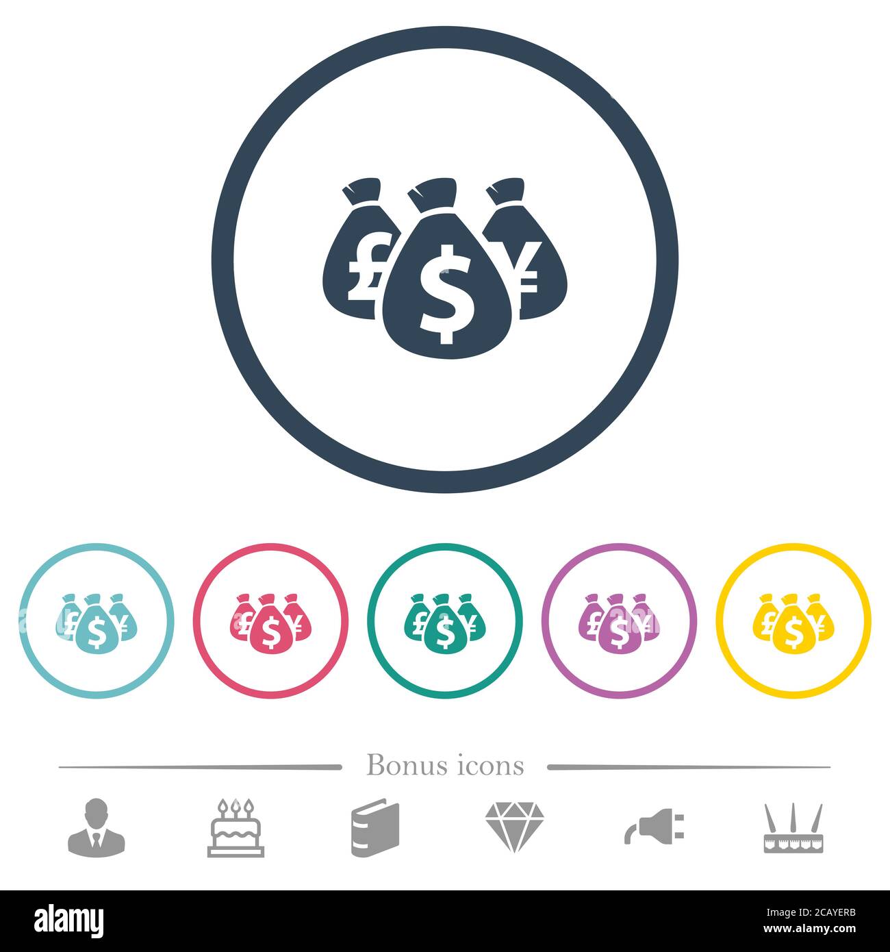 Money bags flat color icons in round outlines. 6 bonus icons included ...