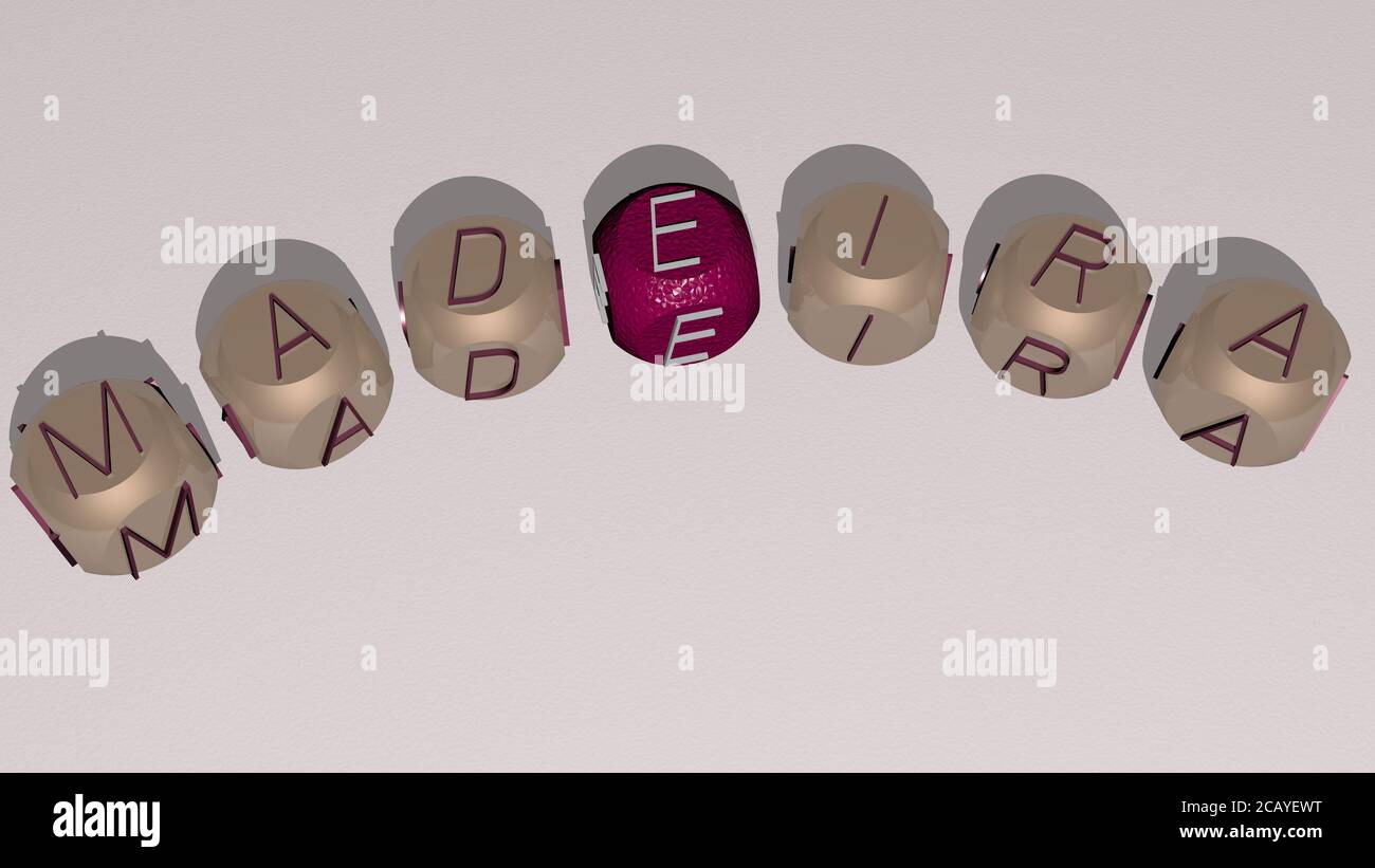 madeira curved text of cubic dice letters. 3D illustration. portugal ...