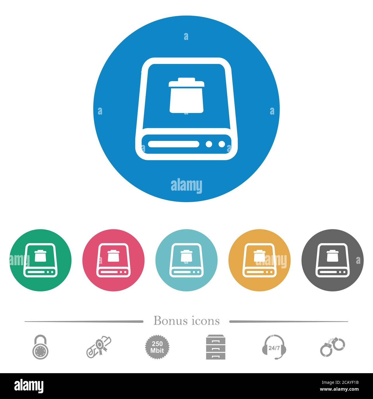 Delete from hard disk flat white icons on round color backgrounds. 6 ...