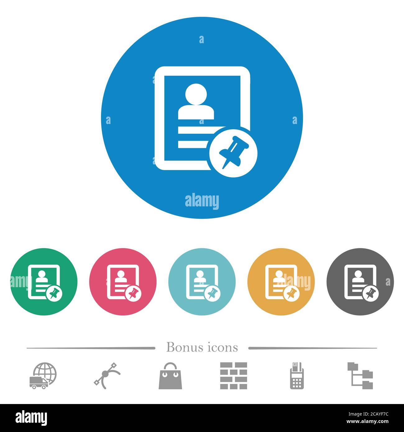 Contact pin flat white icons on round color backgrounds. 6 bonus icons ...