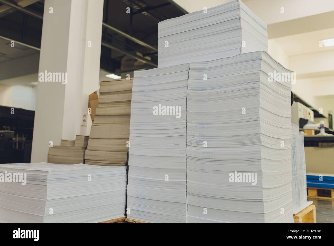 stacks of printed sheets of cardboard on wooden pallets closeup ...