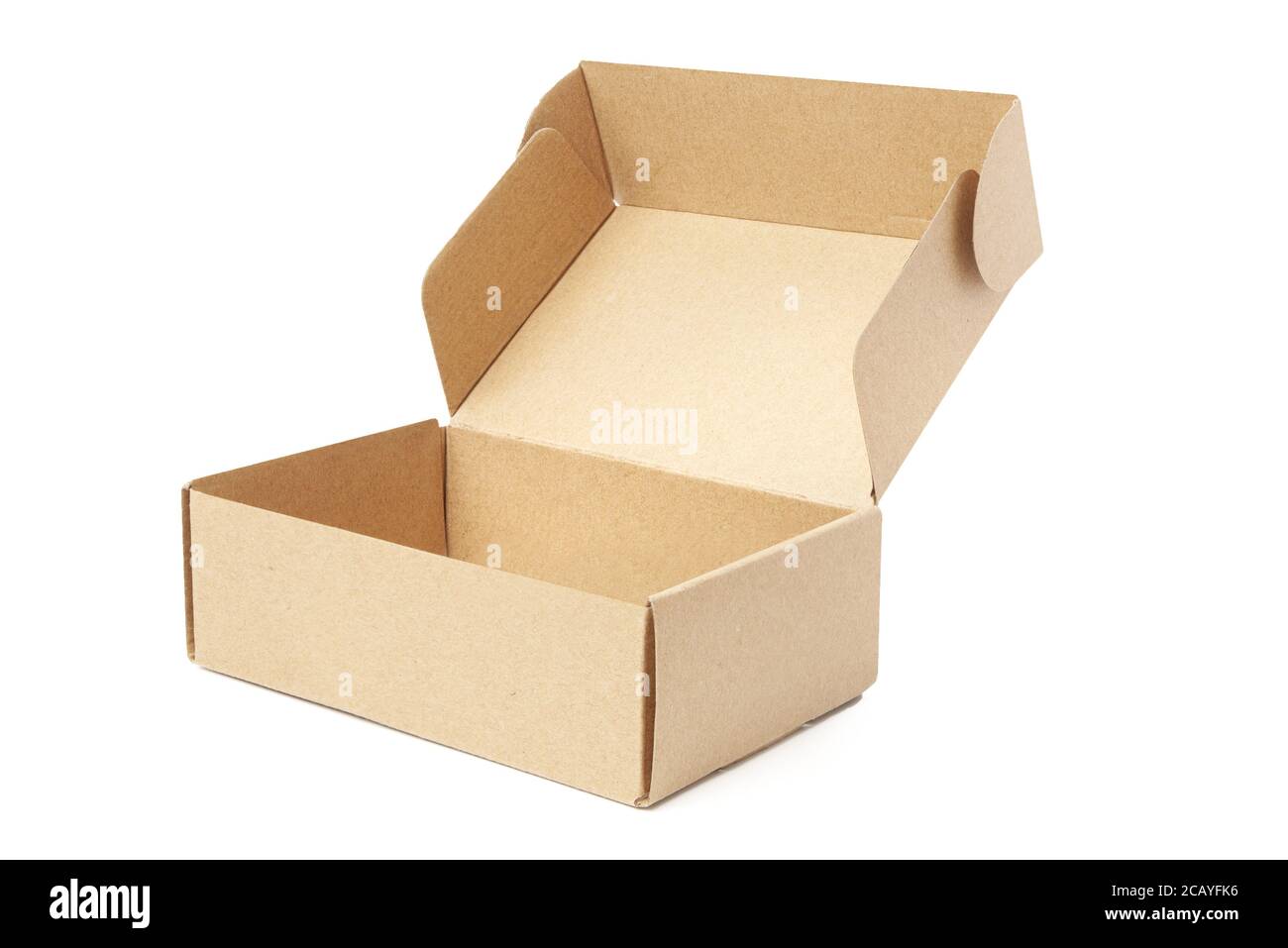close-up single carton box open empty isolated on white background ...