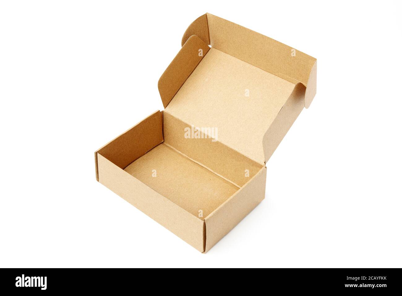 close-up single carton box open empty isolated on white background ...