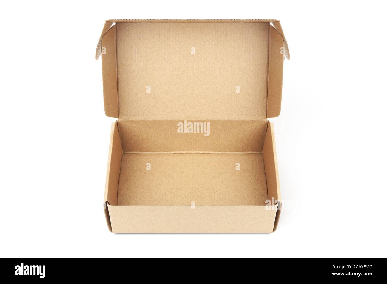 close-up single carton box open empty isolated on white background ...