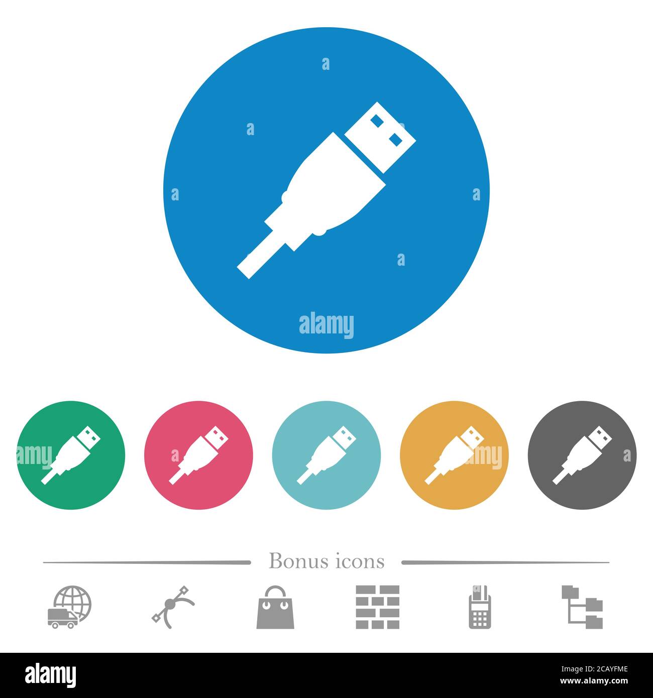 USB plug flat white icons on round color backgrounds. 6 bonus icons ...