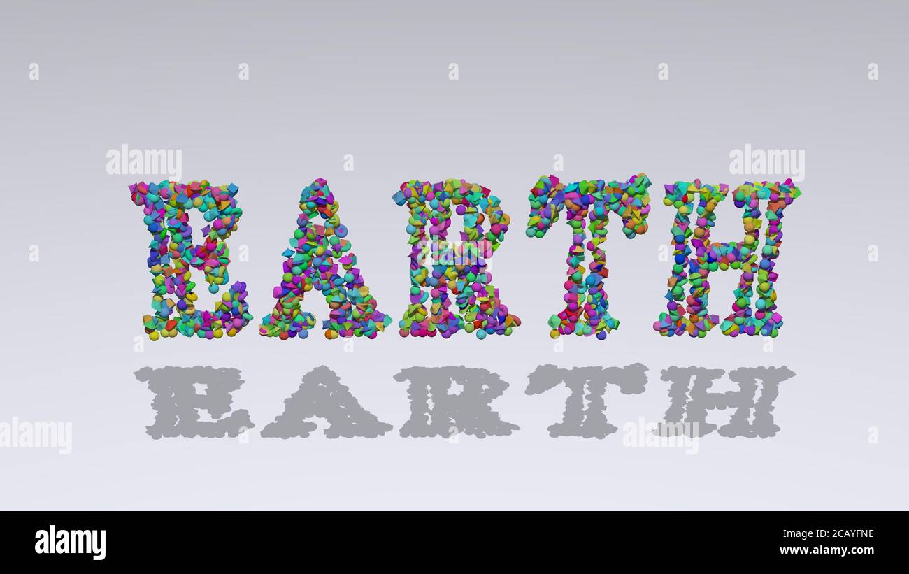 EARTH: 3D illustration of the text made of small objects over a white ...