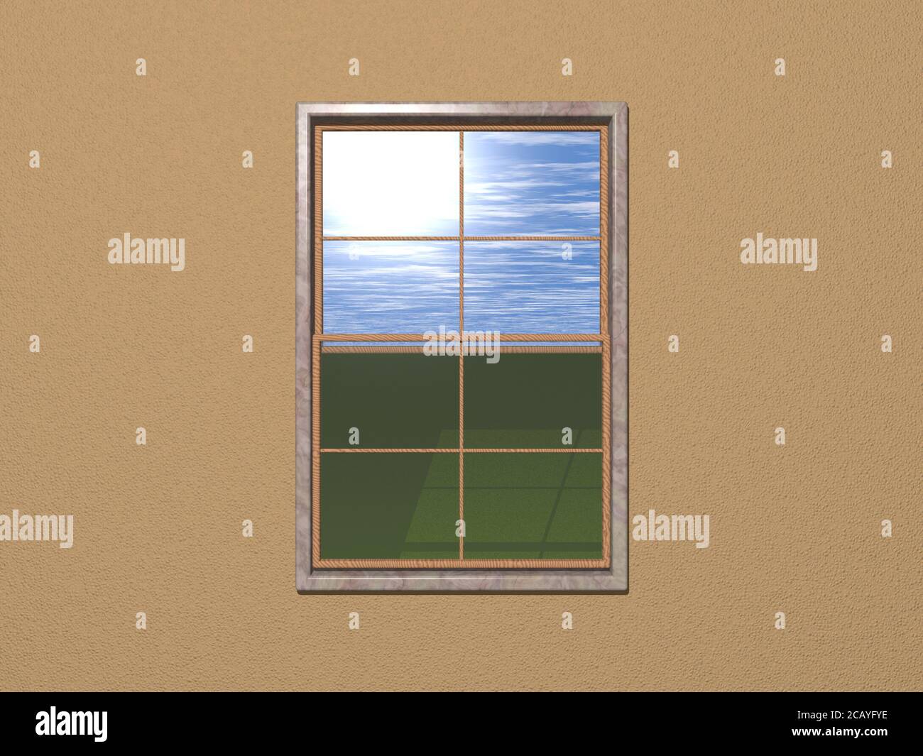 Sash window made of stone and wood on peru wall opened to outside grass ...