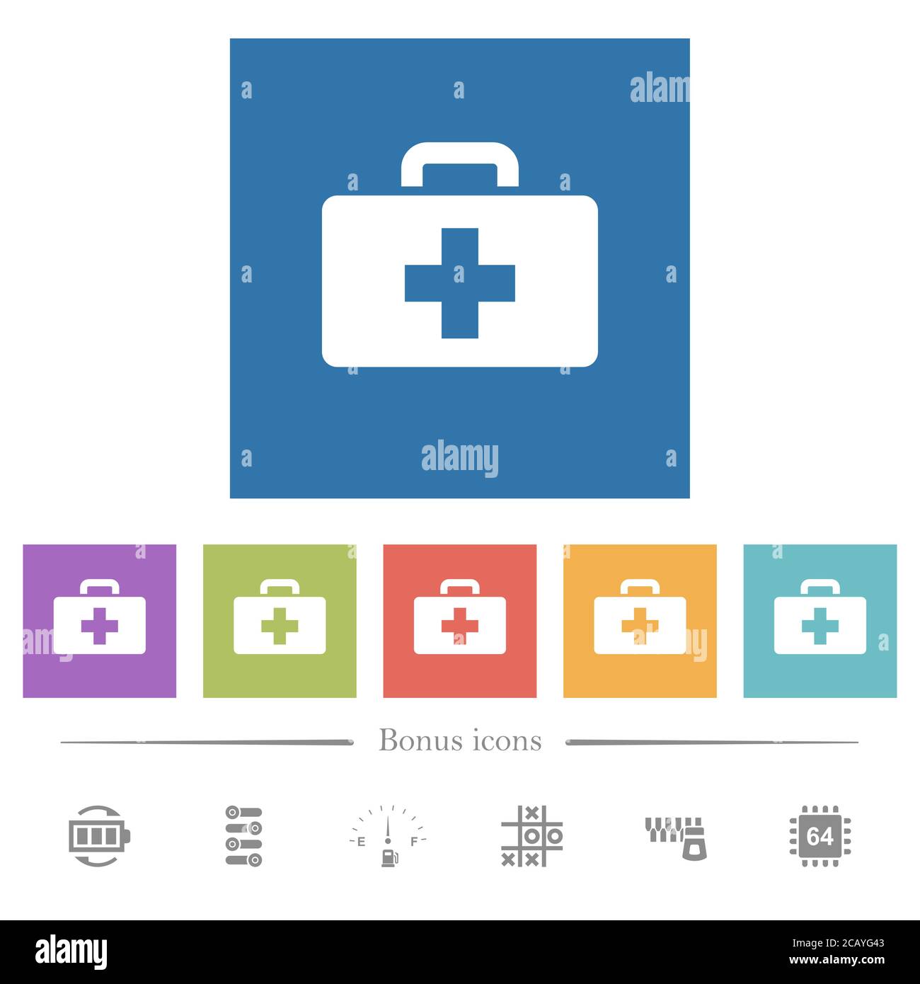 First aid kit flat white icons in square backgrounds. 6 bonus icons ...