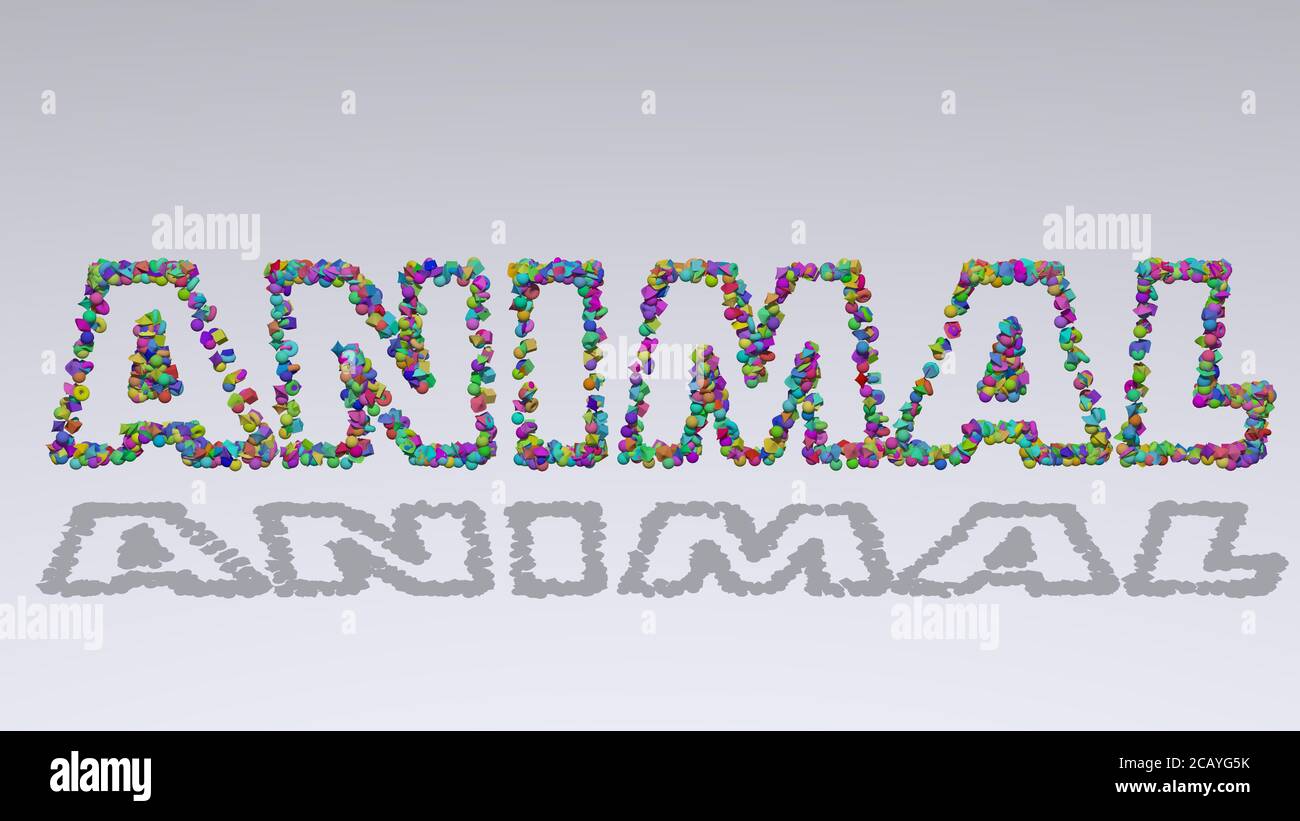 Colorful 3D writting of animal text with small objects over a white ...