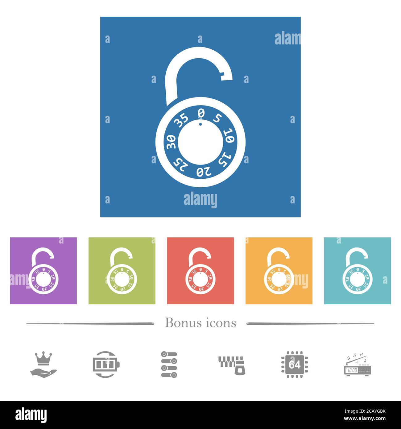 Unlocked round combination lock flat white icons in square backgrounds ...