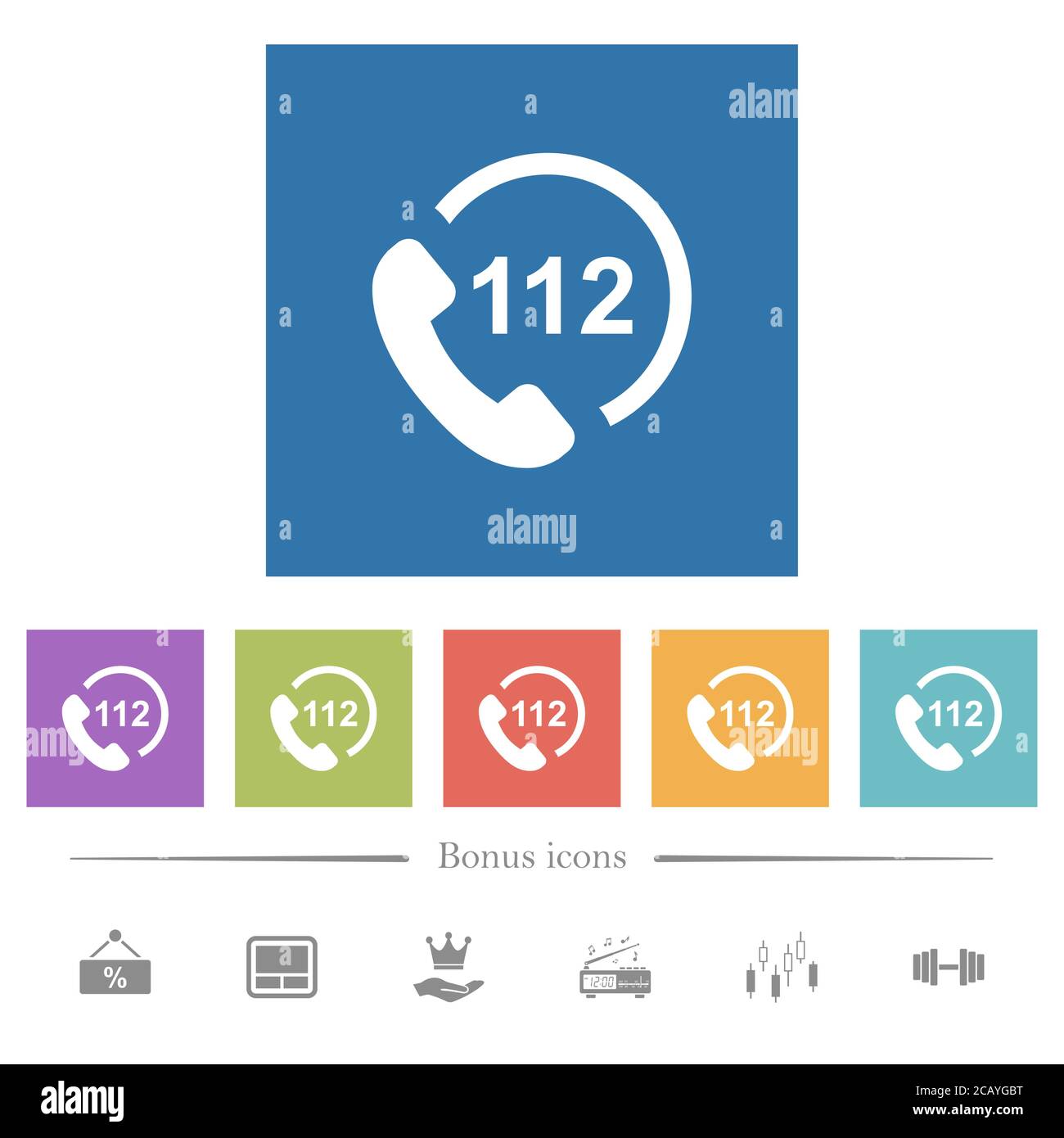 Emergency call 112 flat white icons in square backgrounds. 6 bonus ...