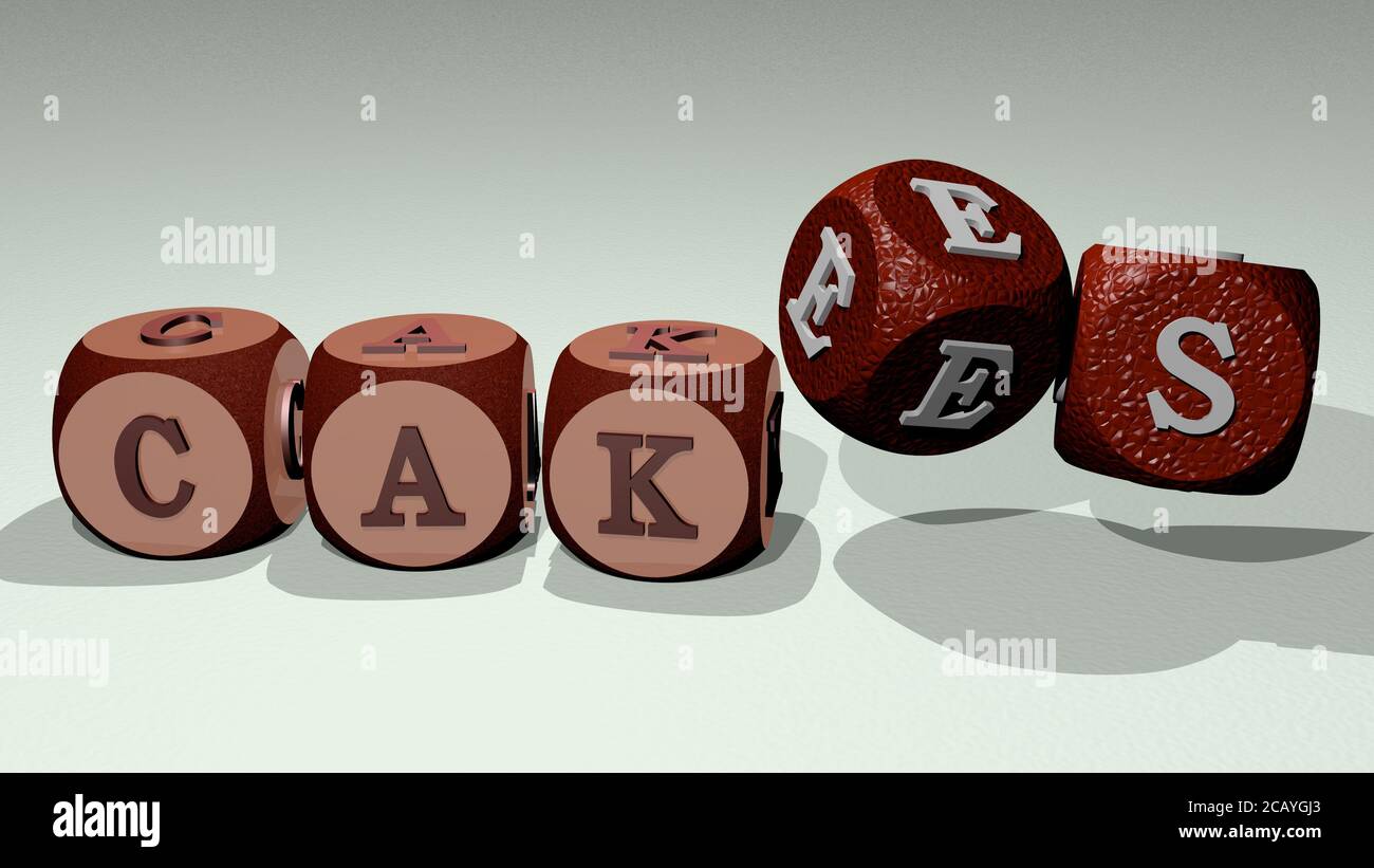 CAKES text by dancing dice letters. 3D illustration. background and ...