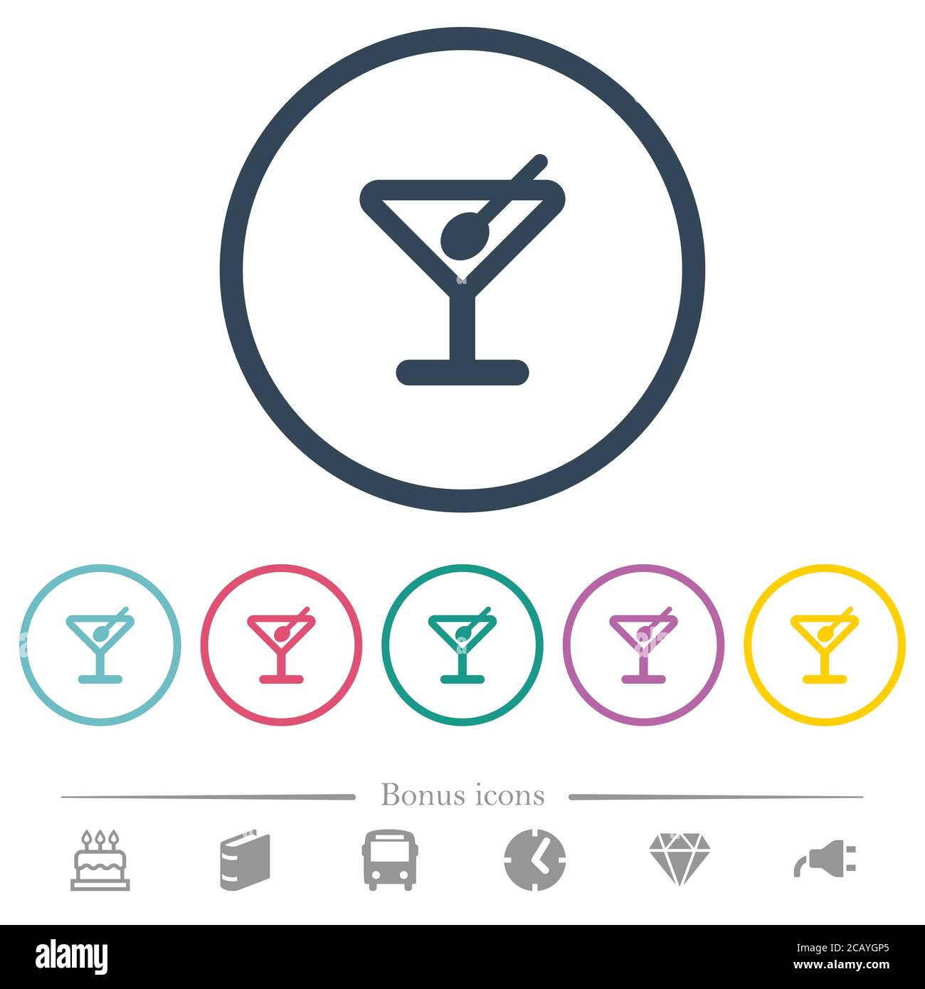 Cocktail flat color icons in round outlines. 6 bonus icons included ...