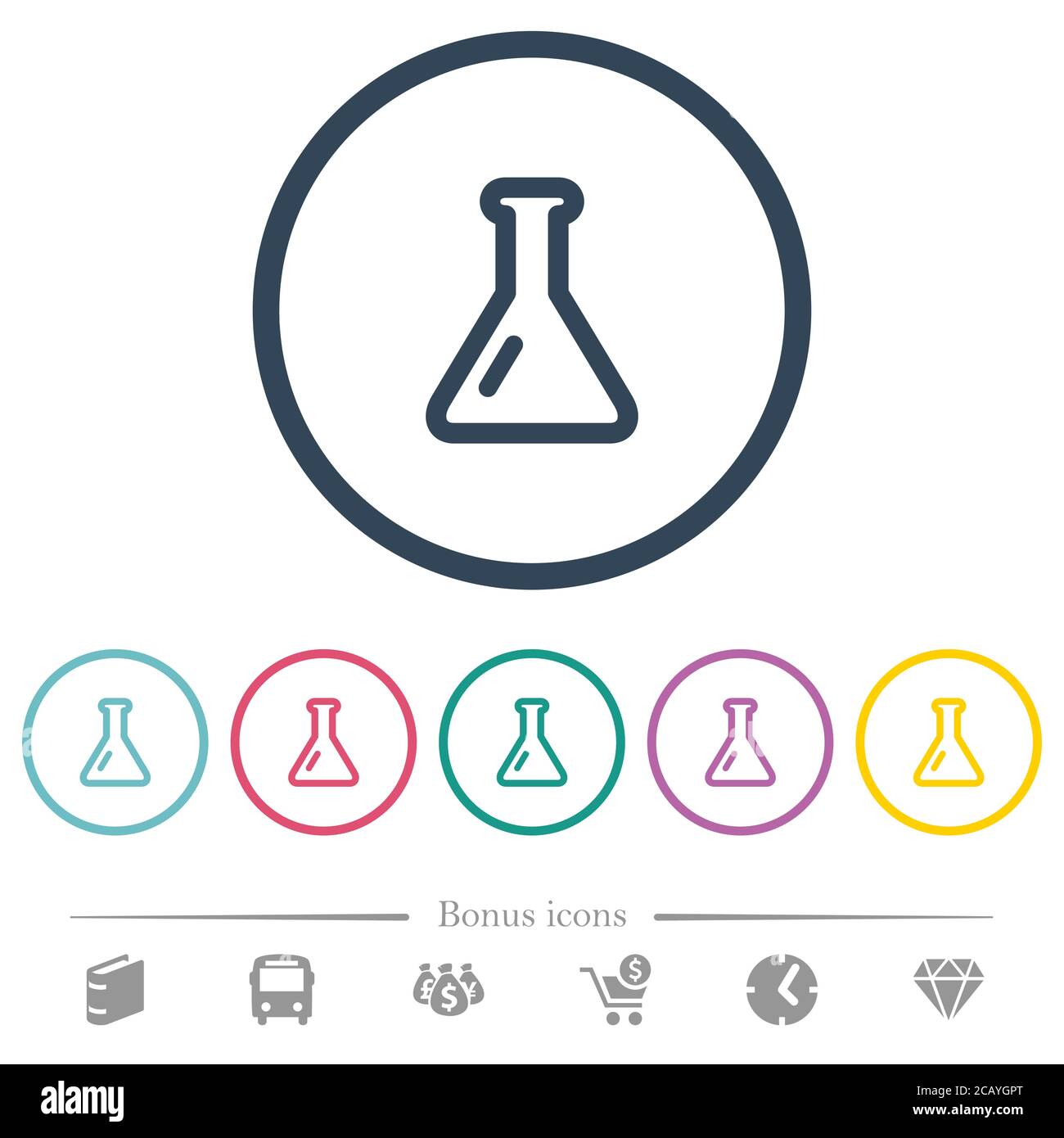 Empty flask flat color icons in round outlines. 6 bonus icons included ...