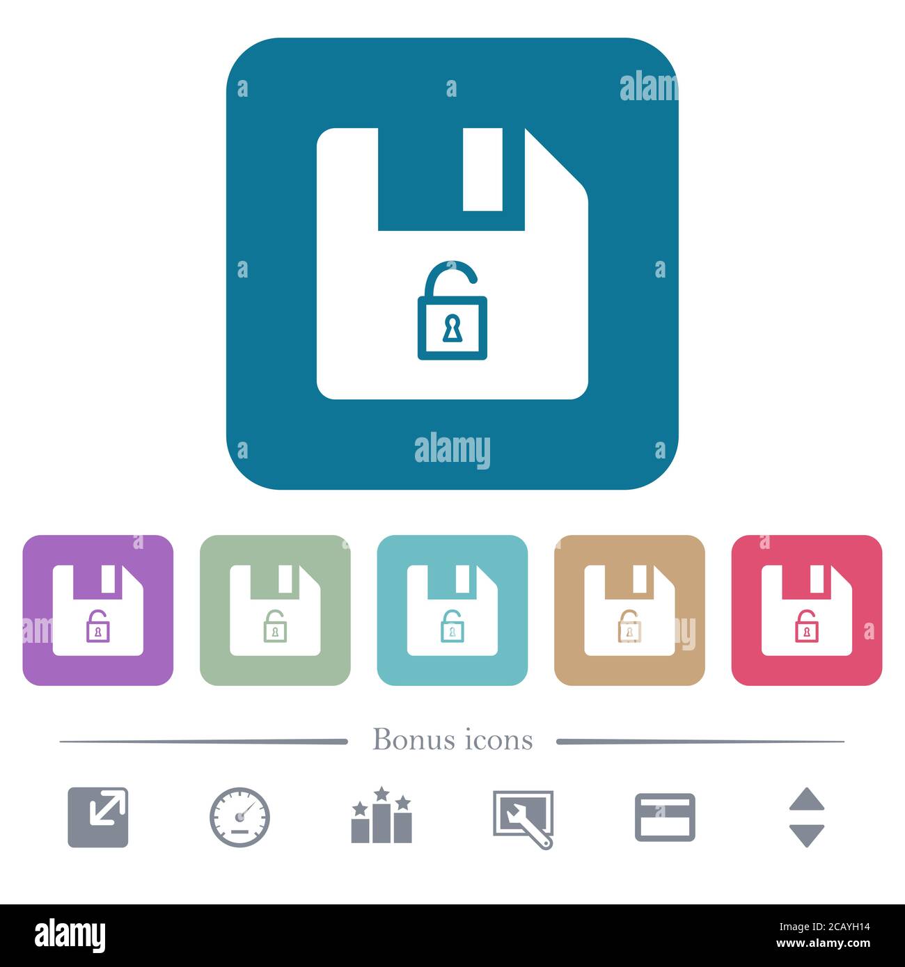Unlock file white flat icons on color rounded square backgrounds. 6 ...