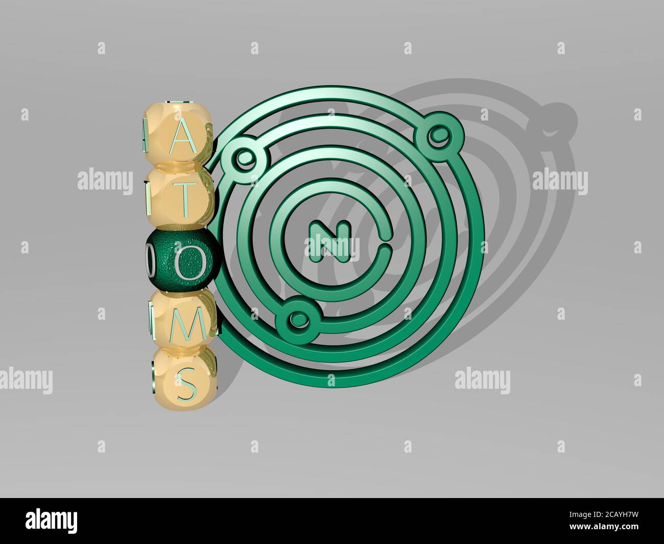 3D graphical image of atoms vertically along with text built around the ...