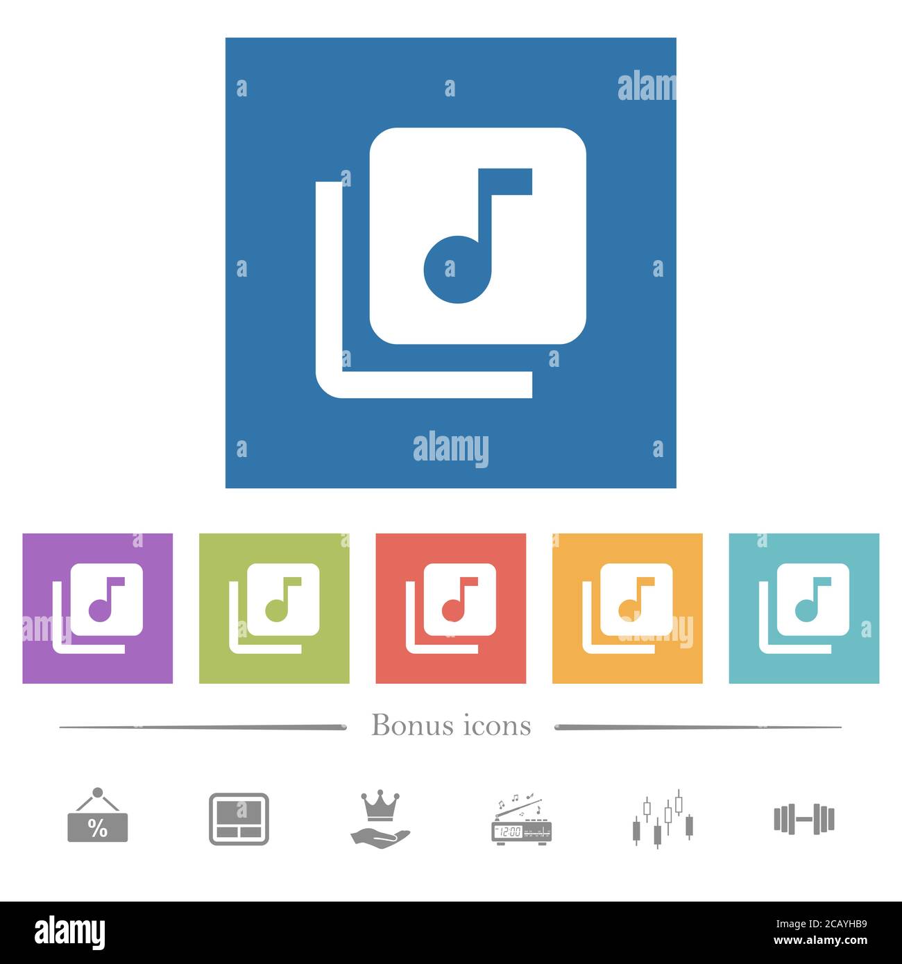 Music library flat white icons in square backgrounds. 6 bonus icons ...