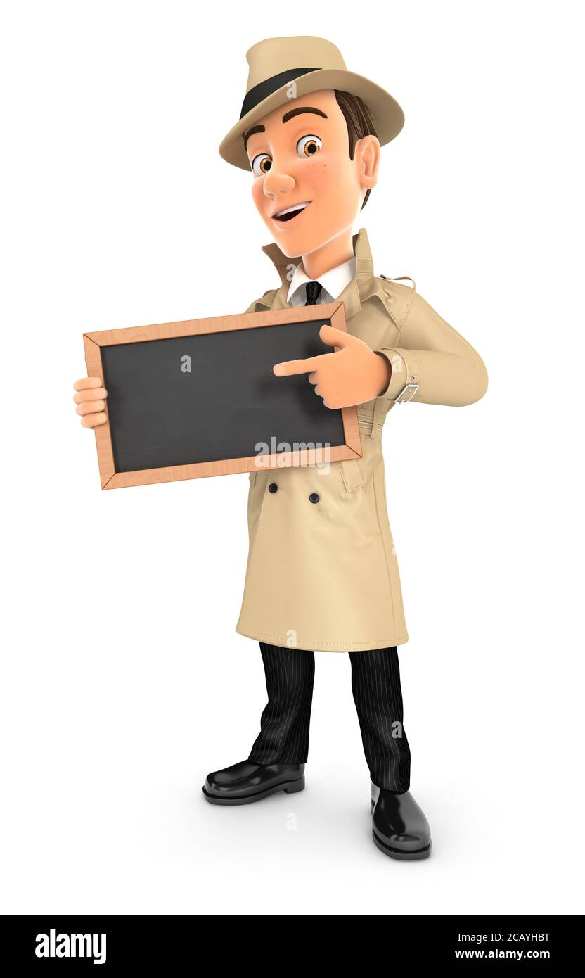 3d detective standing with slate chalkboard, illustration with isolated ...